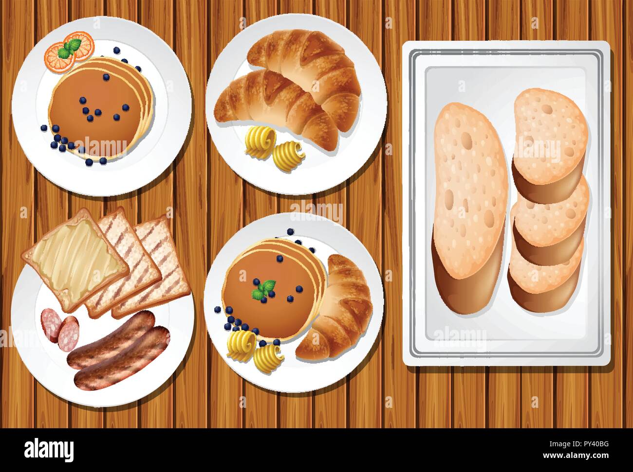 A Set of Breakfast on Wooden Table illustration Stock Vector Image ...