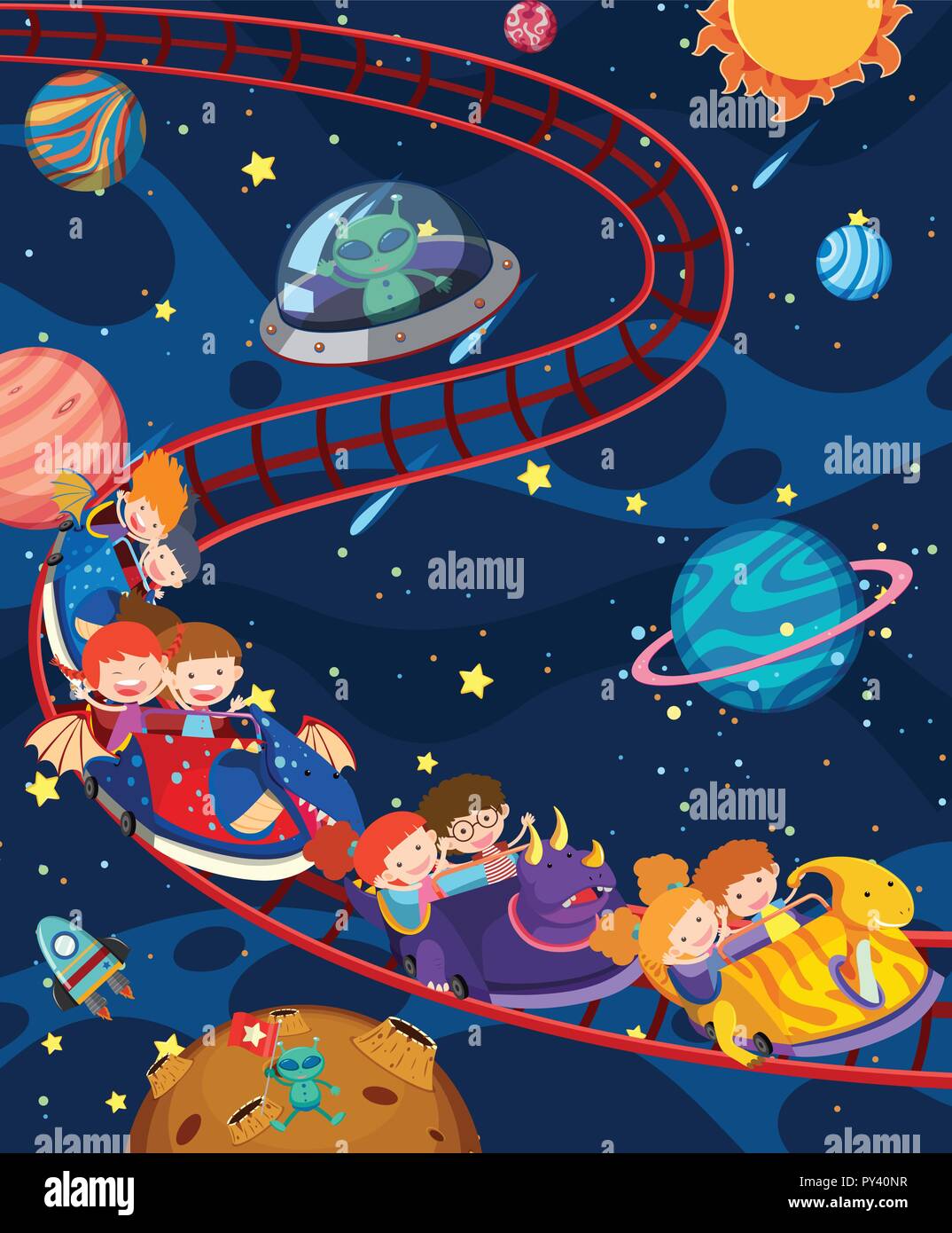 Children riding space train illustration Stock Vector Image & Art - Alamy