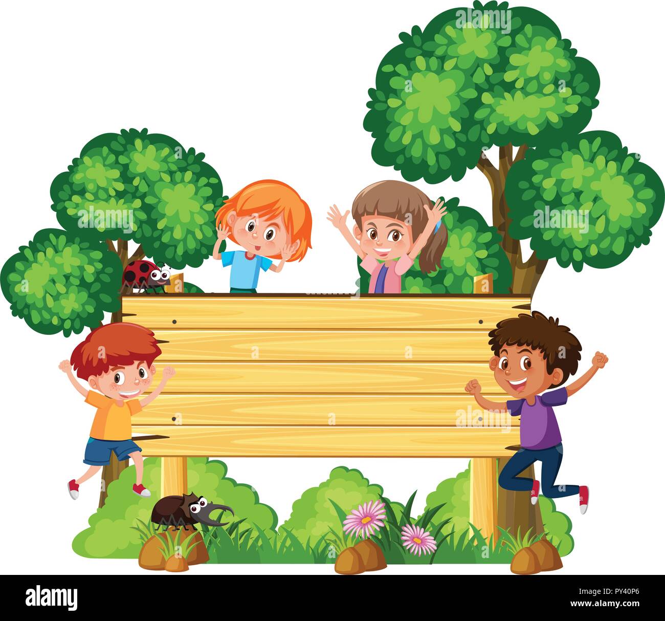 Wooden signboard with happy children illustration Stock Vector Image ...