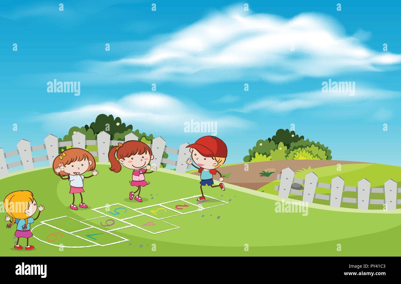 Children playing hop scotch at playground illustration Stock Vector ...