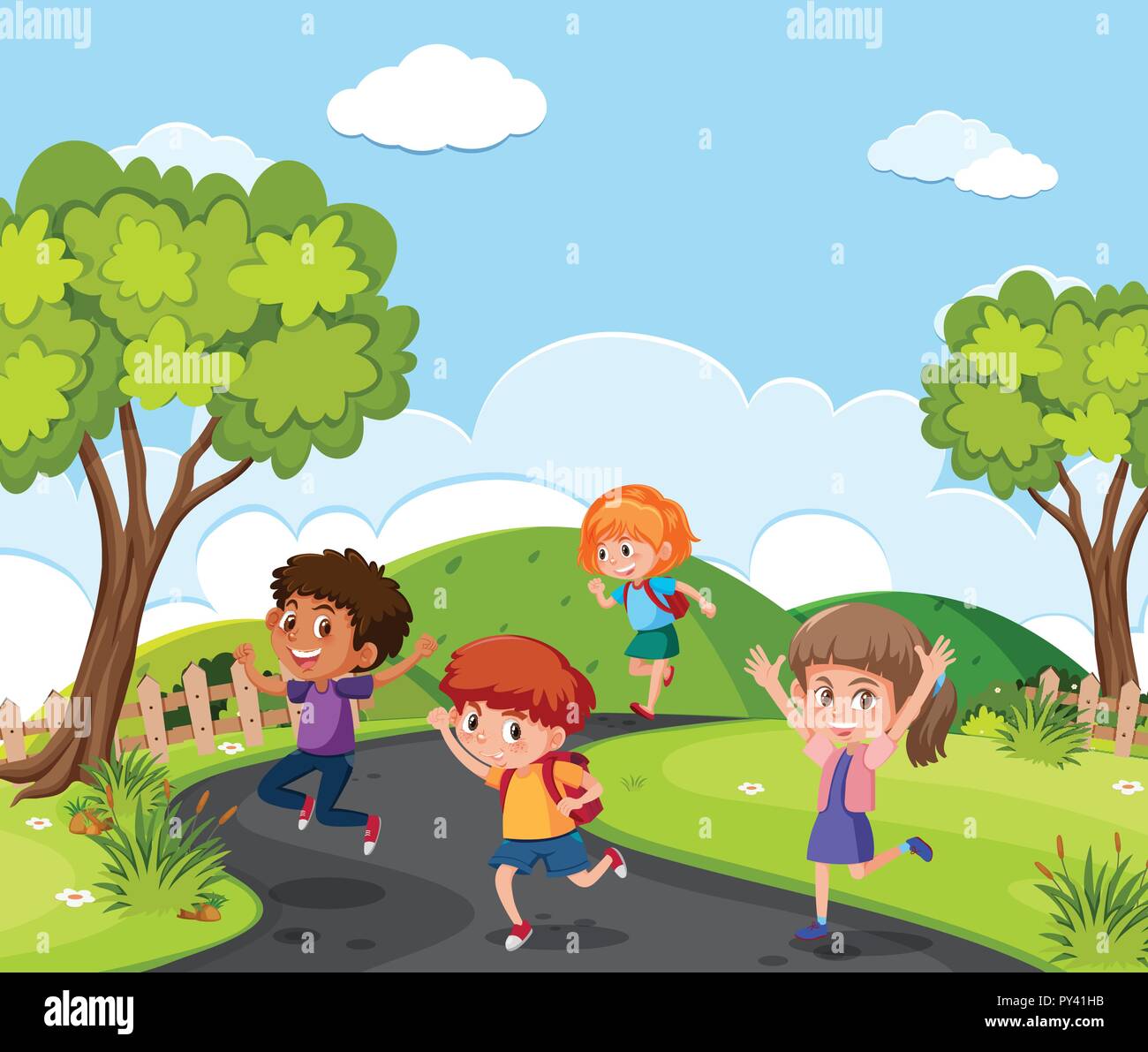 Children running through a park illustration Stock Vector Image & Art ...