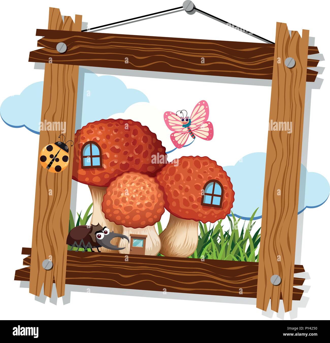 Mushroom and Insect on Wooden Frame illustration Stock Vector Image ...