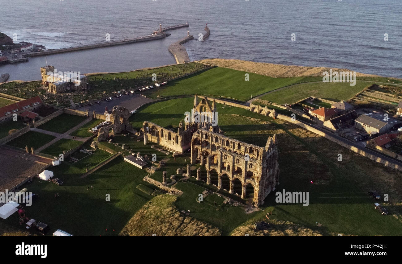 A general view of Whitby Abbey in north Yorkshire, taken using a drone ...