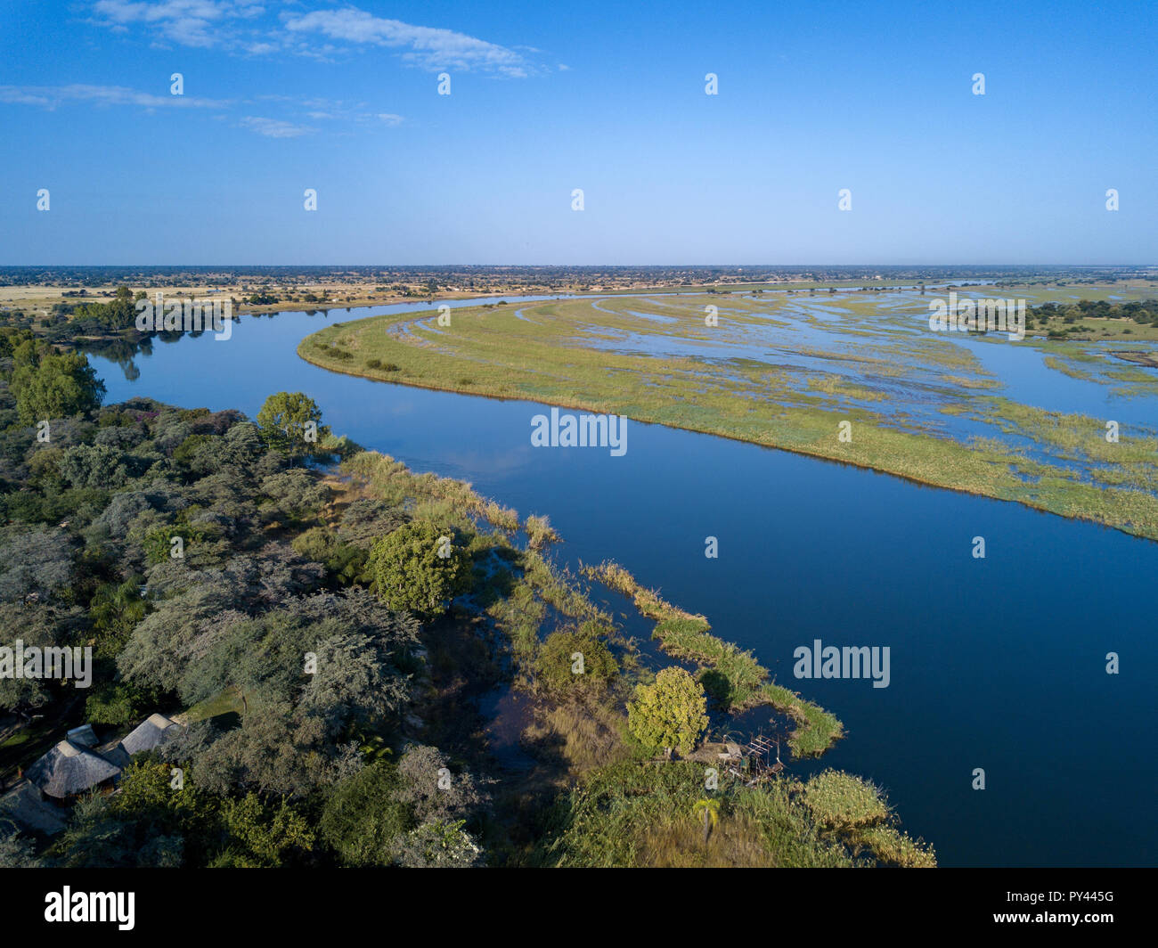 Aerial landscape in Okavango delta on Namibia and Angola border. River ...