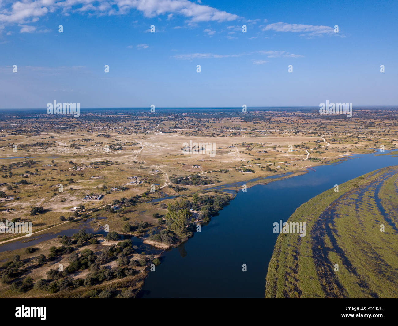Aerial landscape in Okavango delta on Namibia and Angola border. River ...