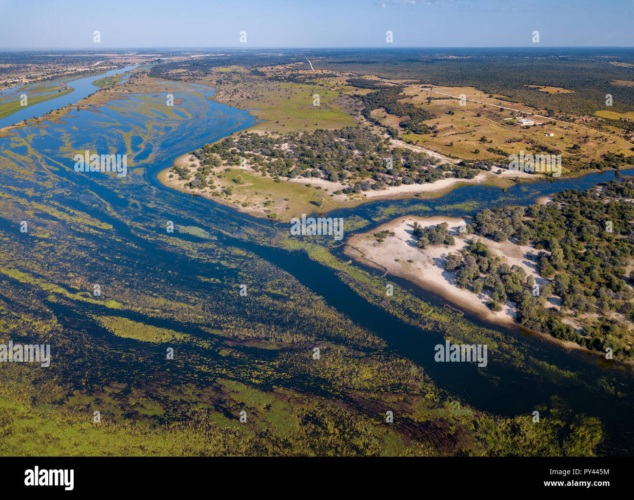 Aerial landscape in Okavango delta on Namibia and Angola border. River ...