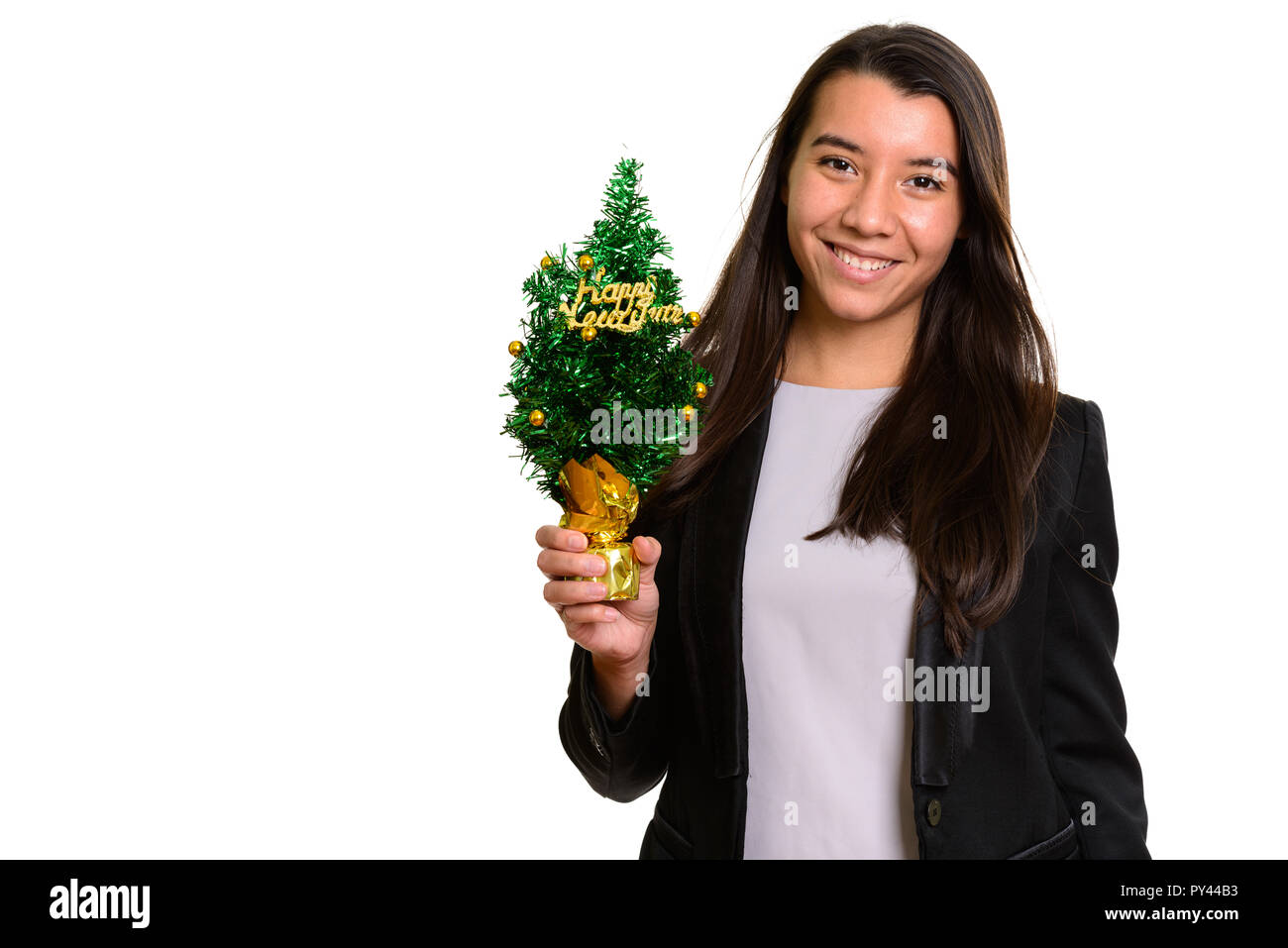 Young happy Caucasian businesswoman smiling holding Happy New Ye Stock ...