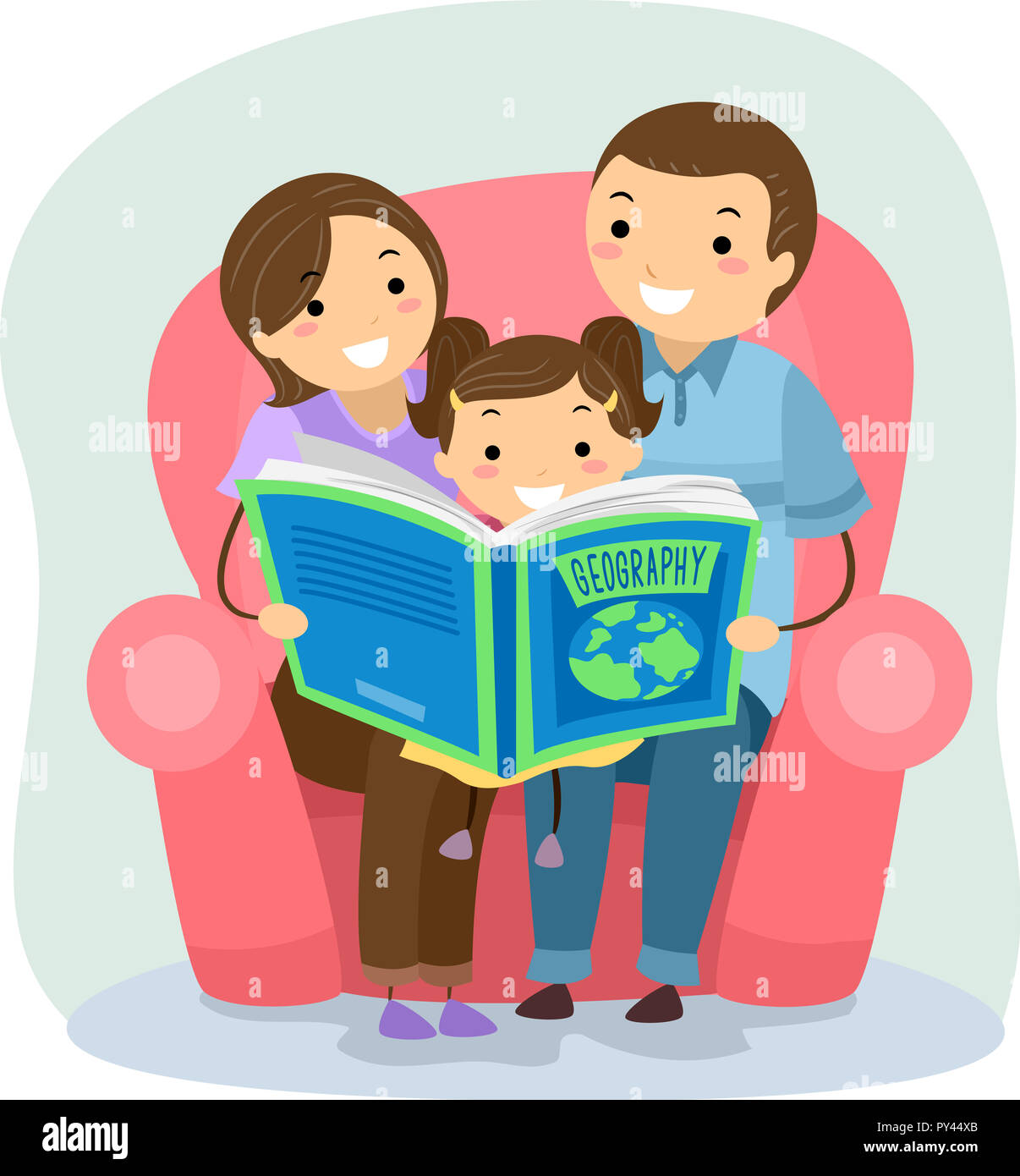 Illustration of Stickman Kid Sitting with Parents Reading a Geography ...