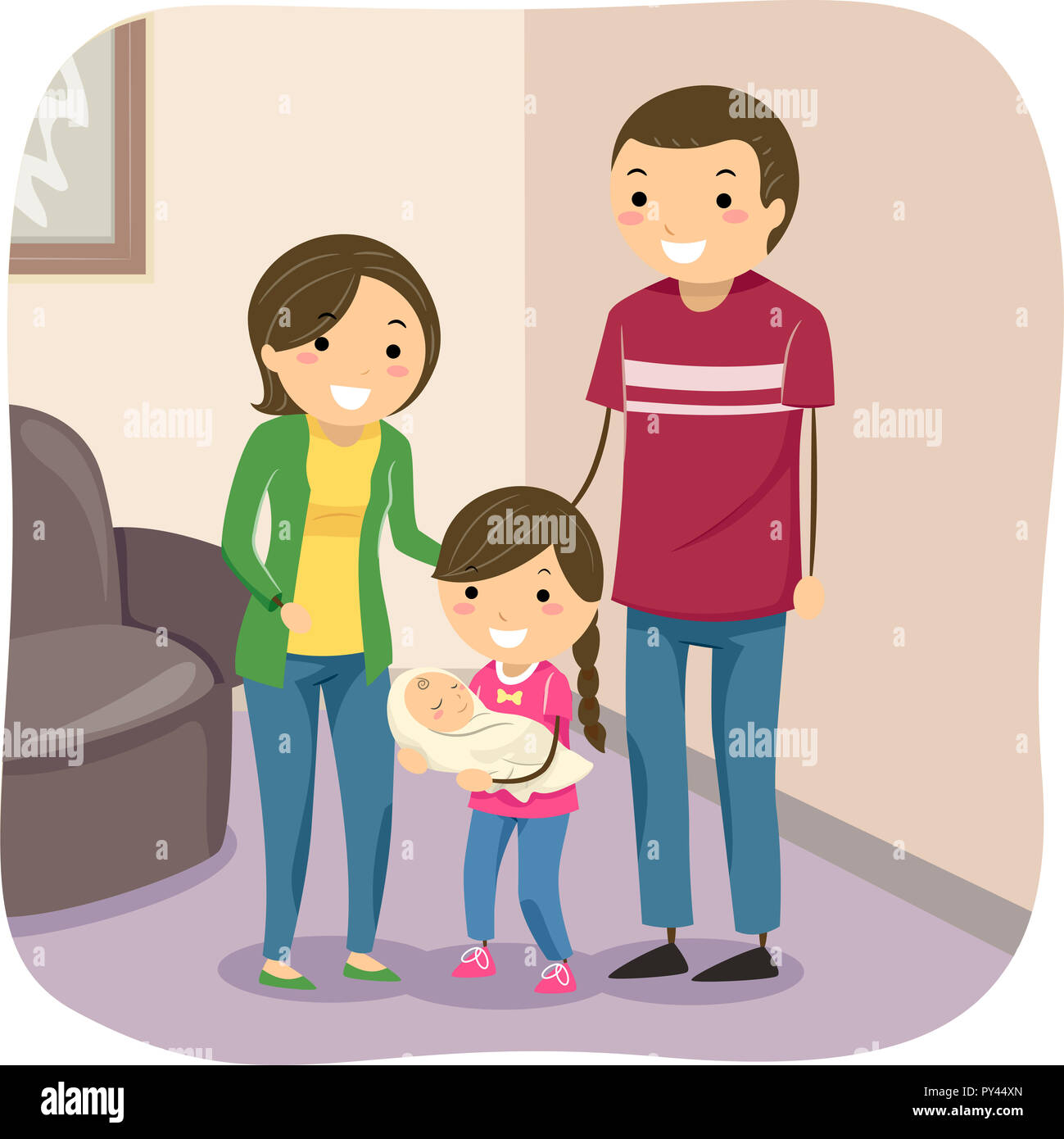 Illustration of Stickman Kid Girl with Parents Holding a Baby Stock ...