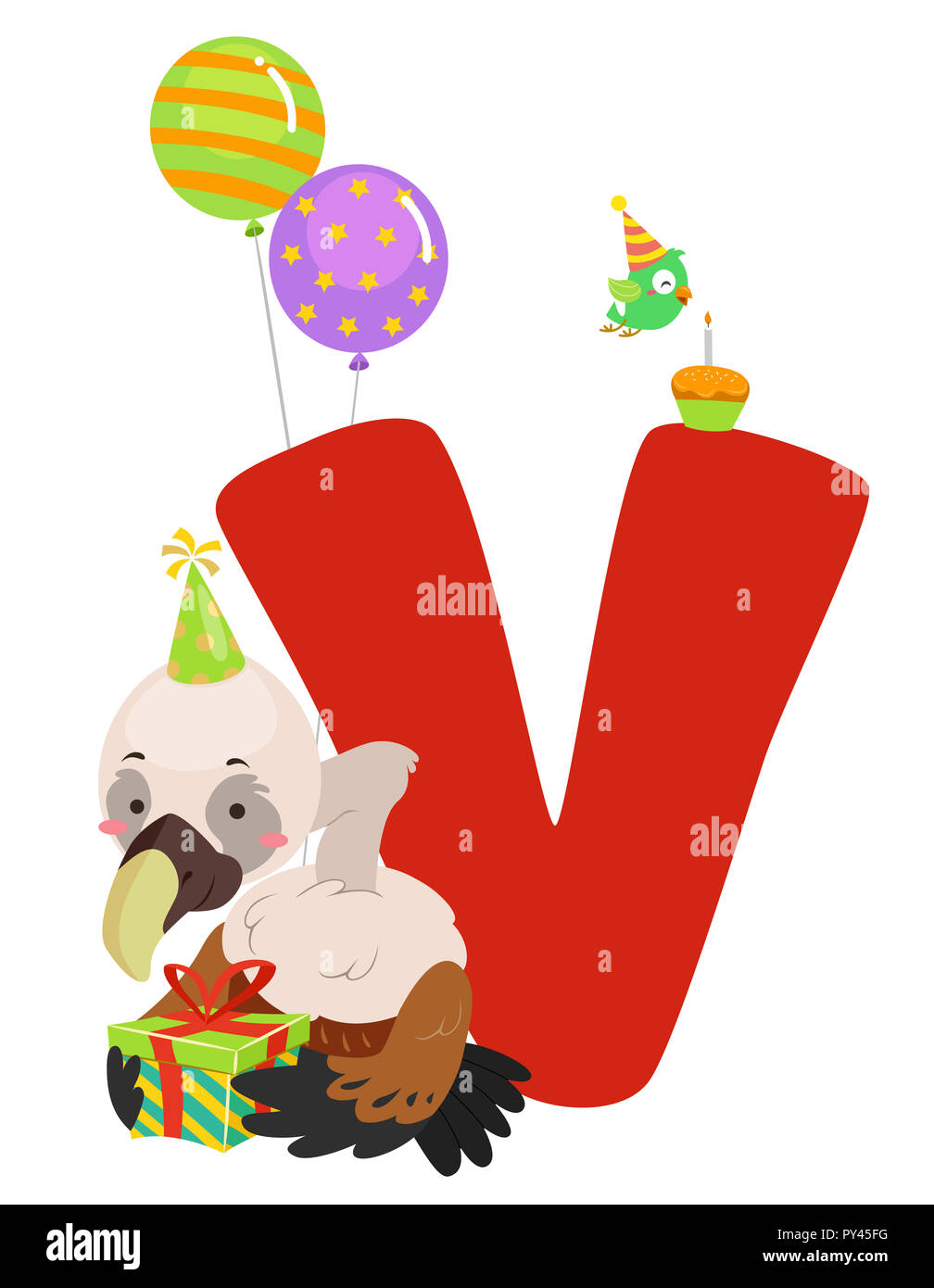 Illustration of a Vulture Bird Holding a Birthday Gift and Balloons ...