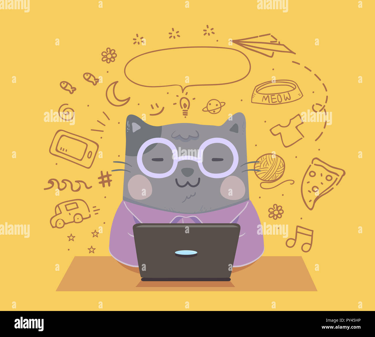 Illustration of a Cat Blogger Using a Laptop with Lifestyle Doodles ...