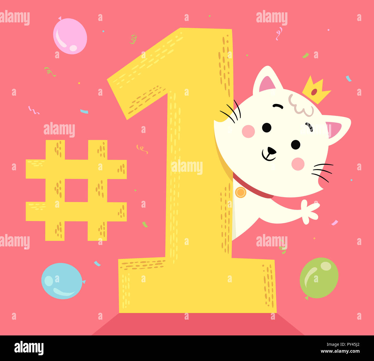 Illustration of a Cat Wearing a Crown with Number One, Balloons and ...