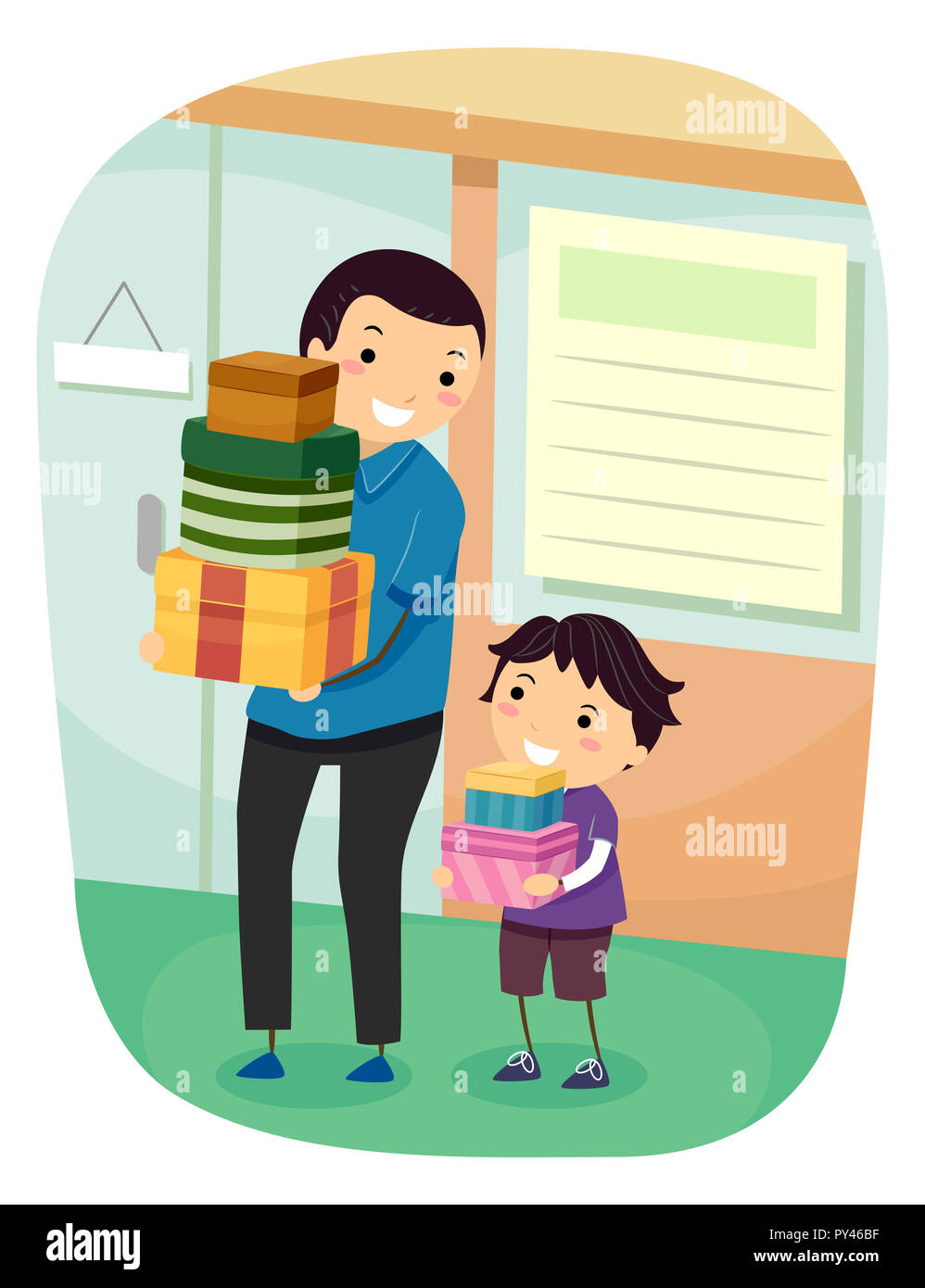 Illustration of a Stickman Kid Boy and Father Carrying Boxes from ...