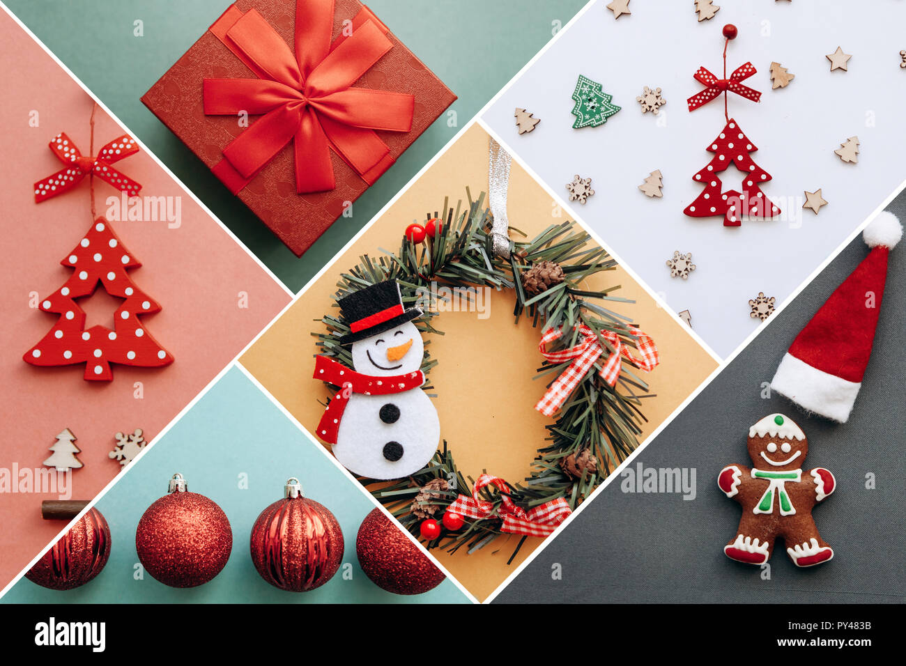 Creative idea various Christmas toys and things on multi-colored ...