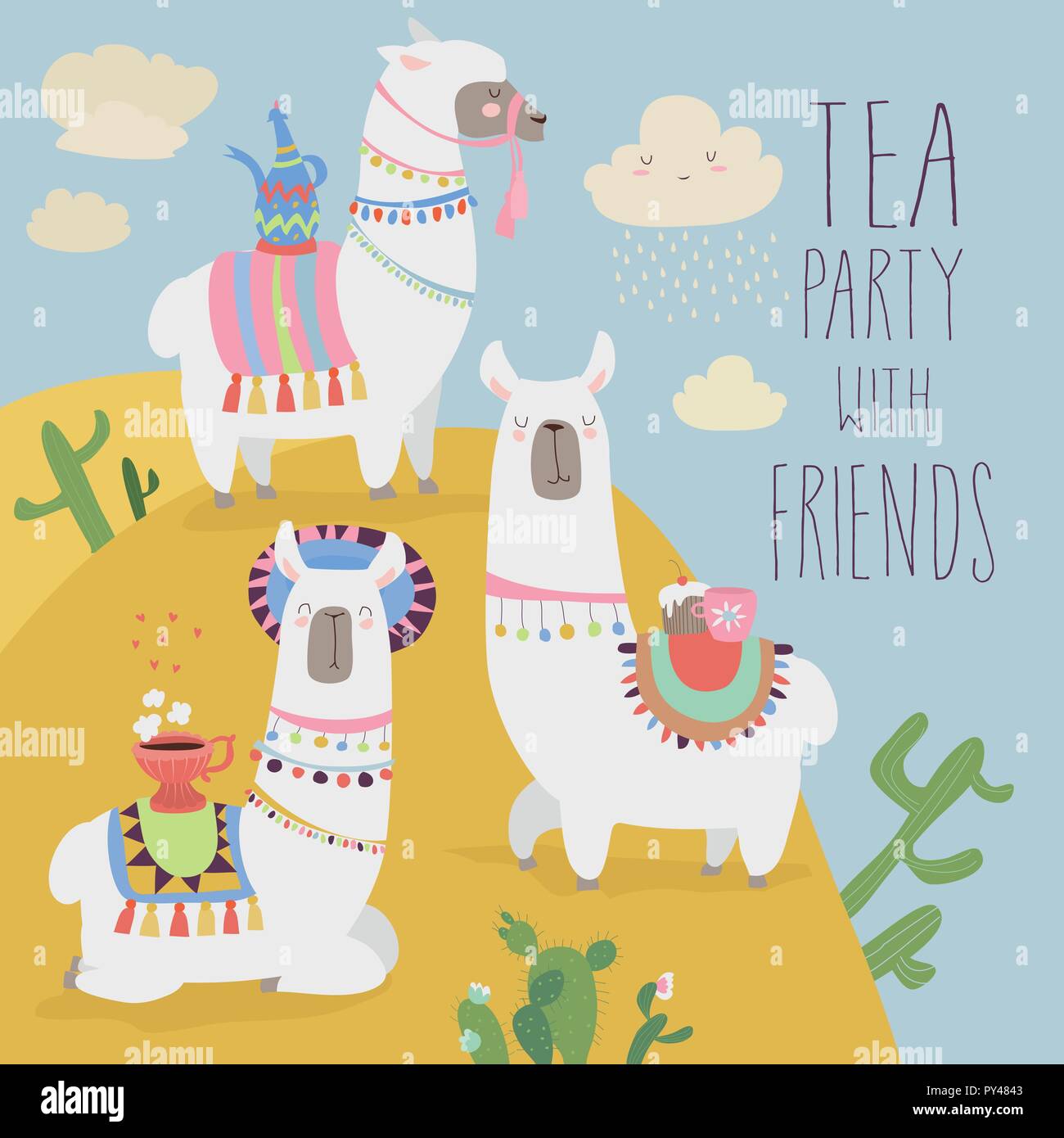 Cute friends mexican white alpaca llamas drinking tea Stock Vector ...
