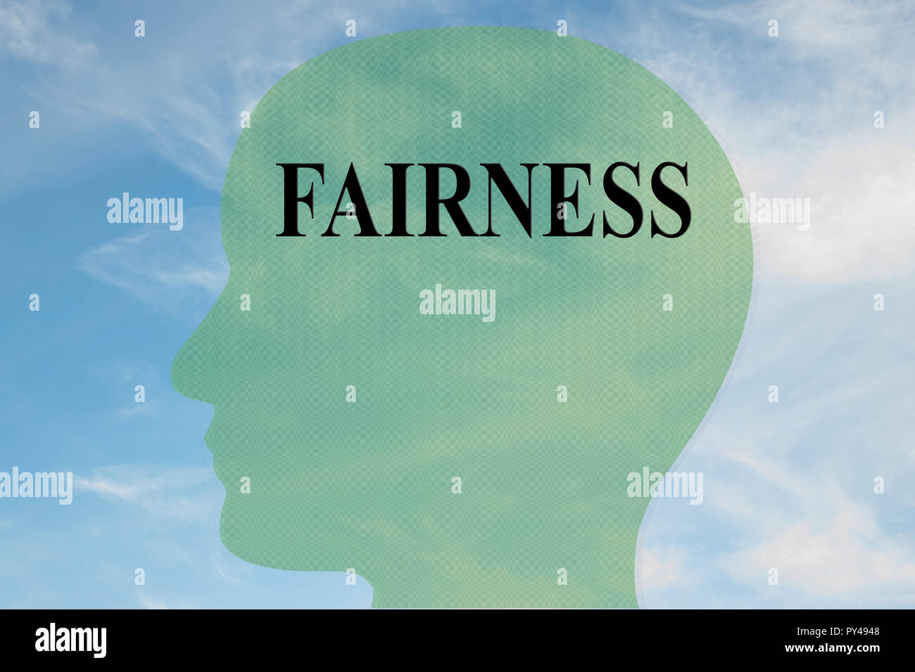 Render illustration of FAIRNESS title on head silhouette, with cloudy ...