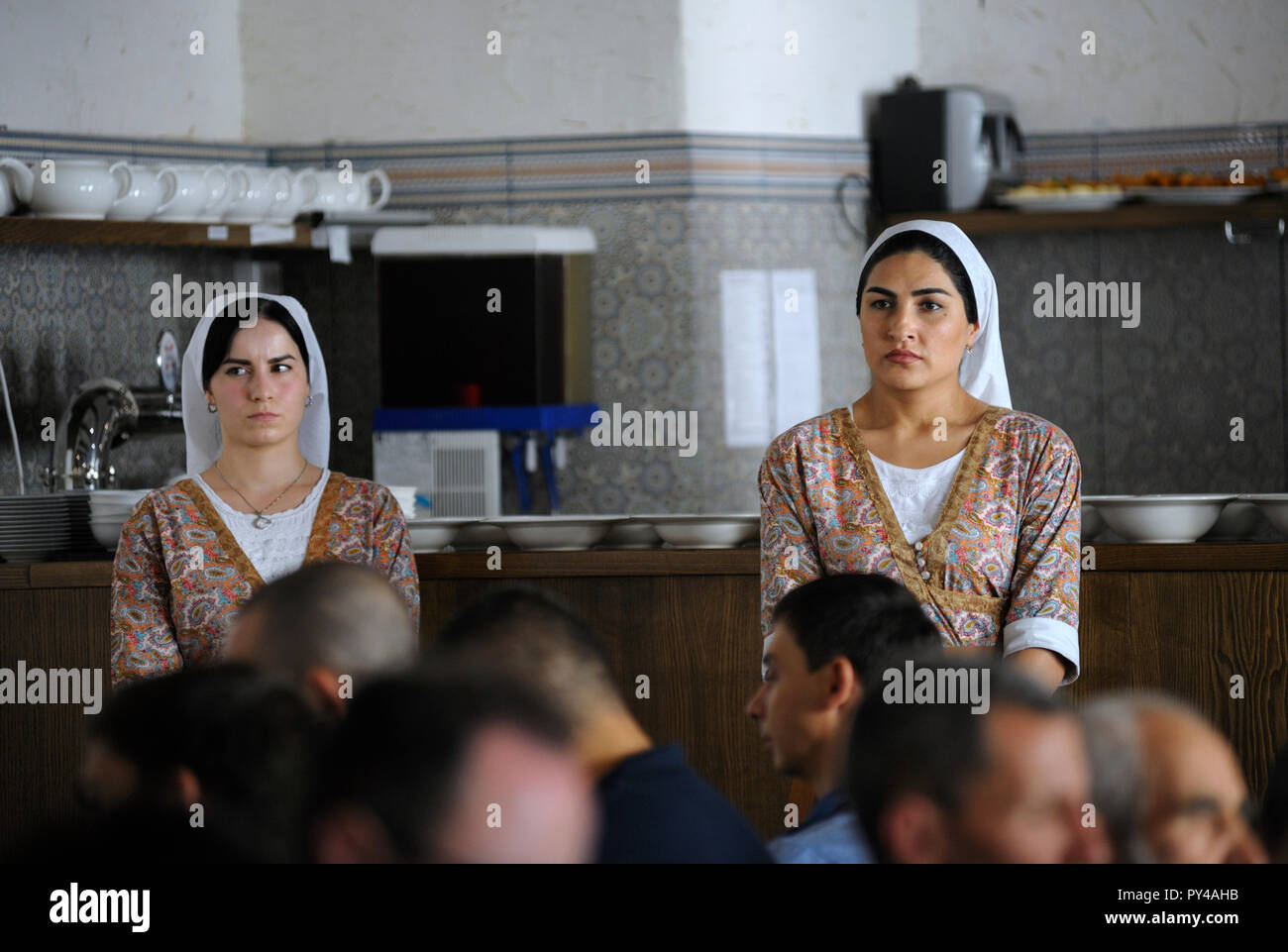 At the Tatar restaurant: waitresses in Tatar native dress standing near ...