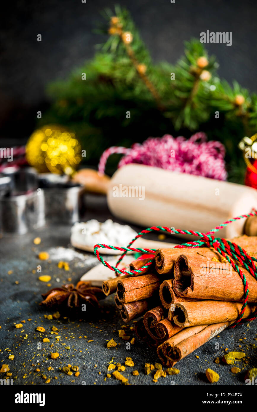 Christmas bakery background, with baking utensils, flour, spices and ...