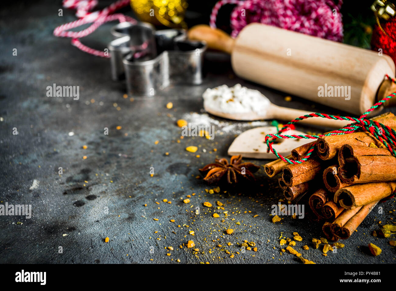 Christmas bakery background, with baking utensils, flour, spices and ...