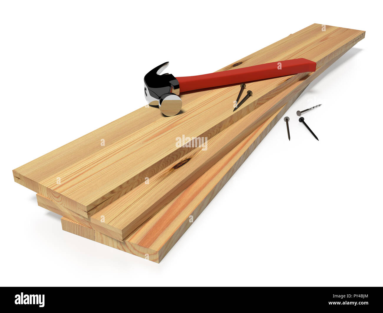 Hammer, wooden planks and nails on white background, isolated. 3D ...