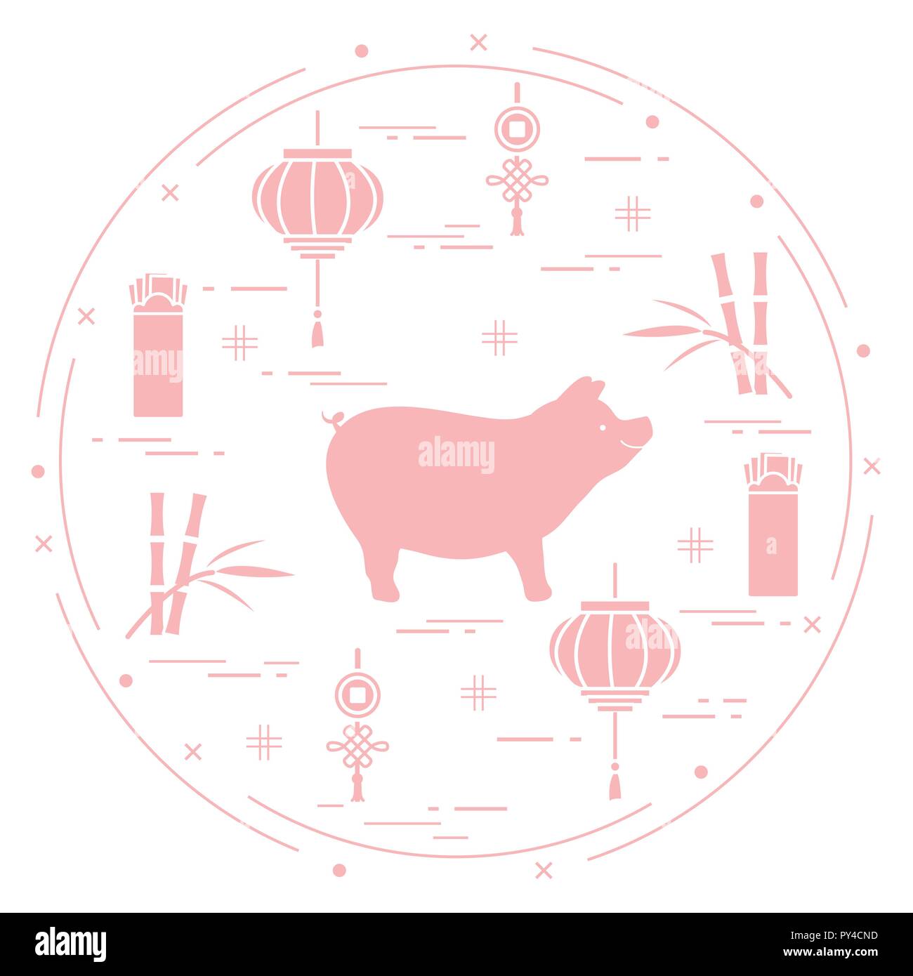 Happy New Year 2019 card. Chinese New Year symbols. Pig, lantern ...