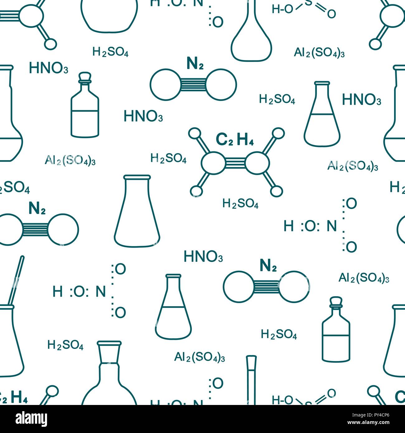 Scientific vector seamless pattern with flasks, beakers, molecule ...