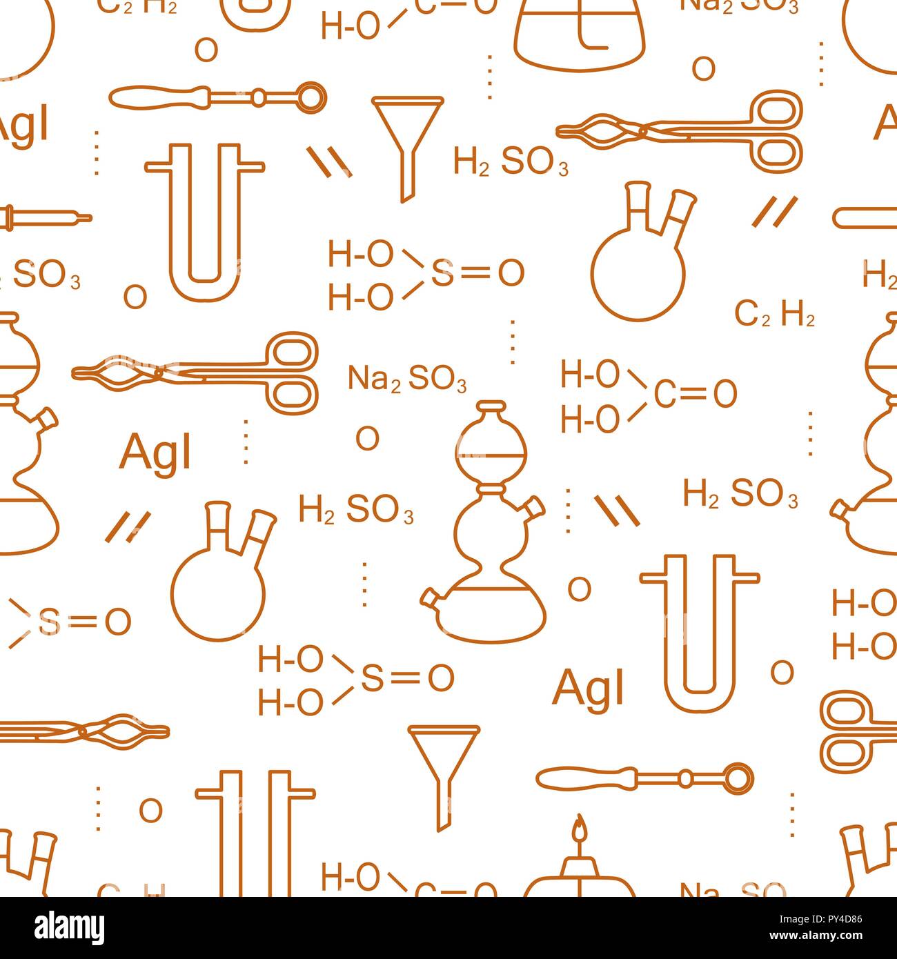 Scientific vector seamless pattern with flasks, burners, funnels, tools ...
