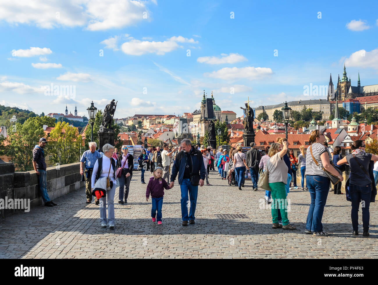 Crowd of tourists on the Charles Bridge in Prague, Czech Republic Stock ...