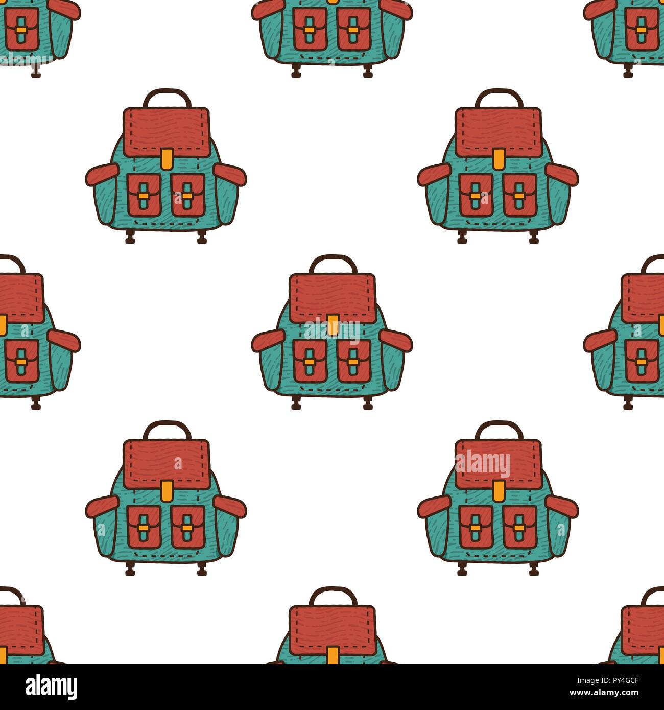Backpack flat seamless pattern. Rucksack symbols wallpaper. Camping ...