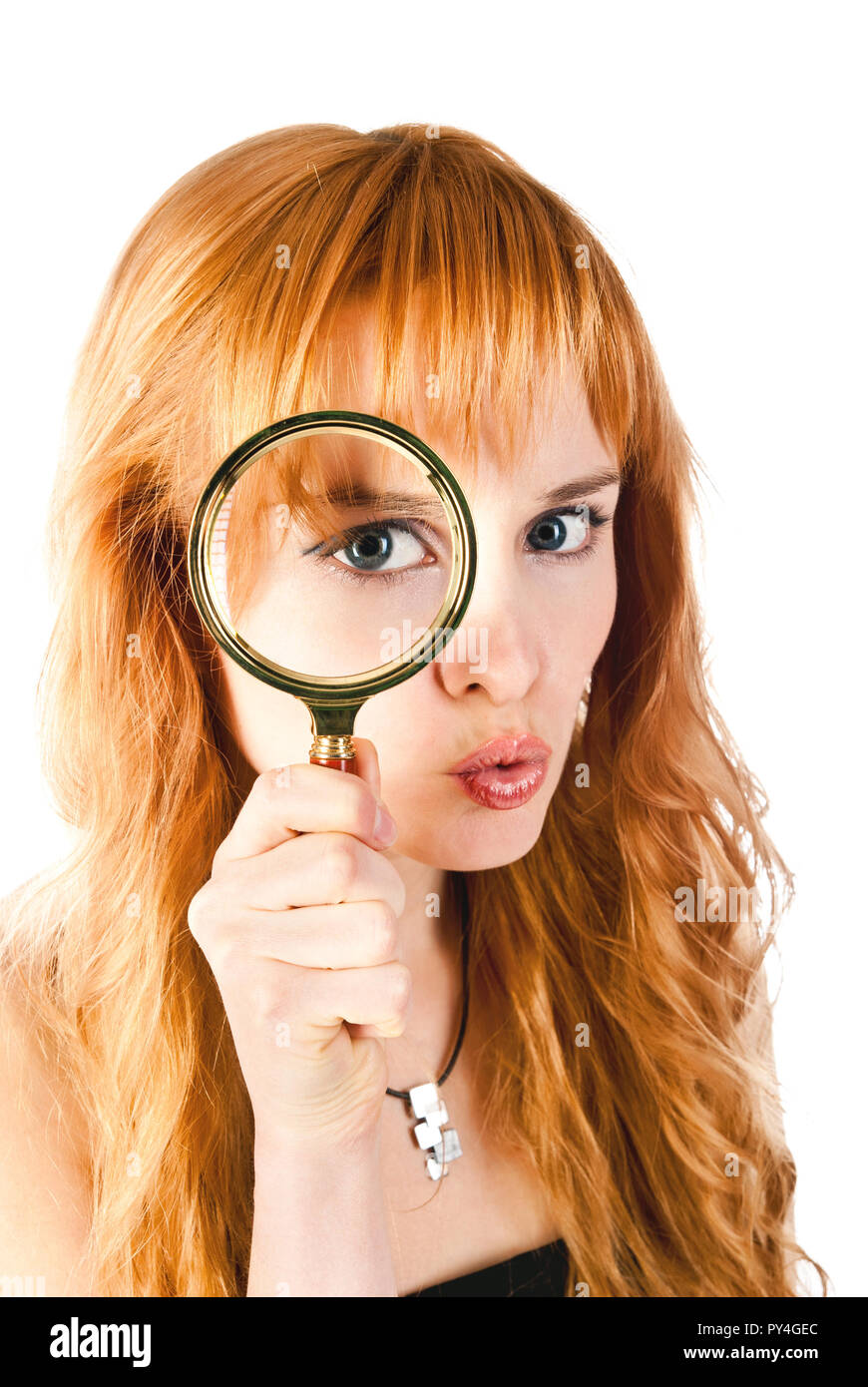 woman with magnifying glass isolated on a white background Stock Photo ...