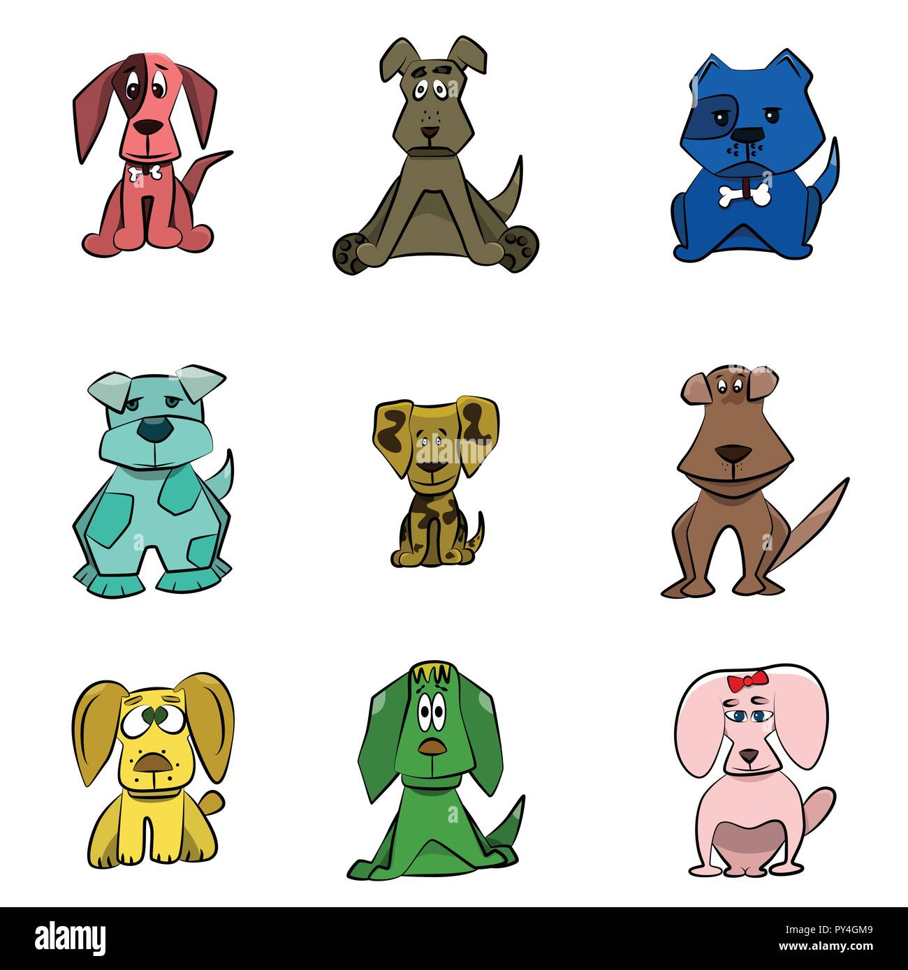 Vector illustrated dogs. Cartoon collection of nine different puppy ...