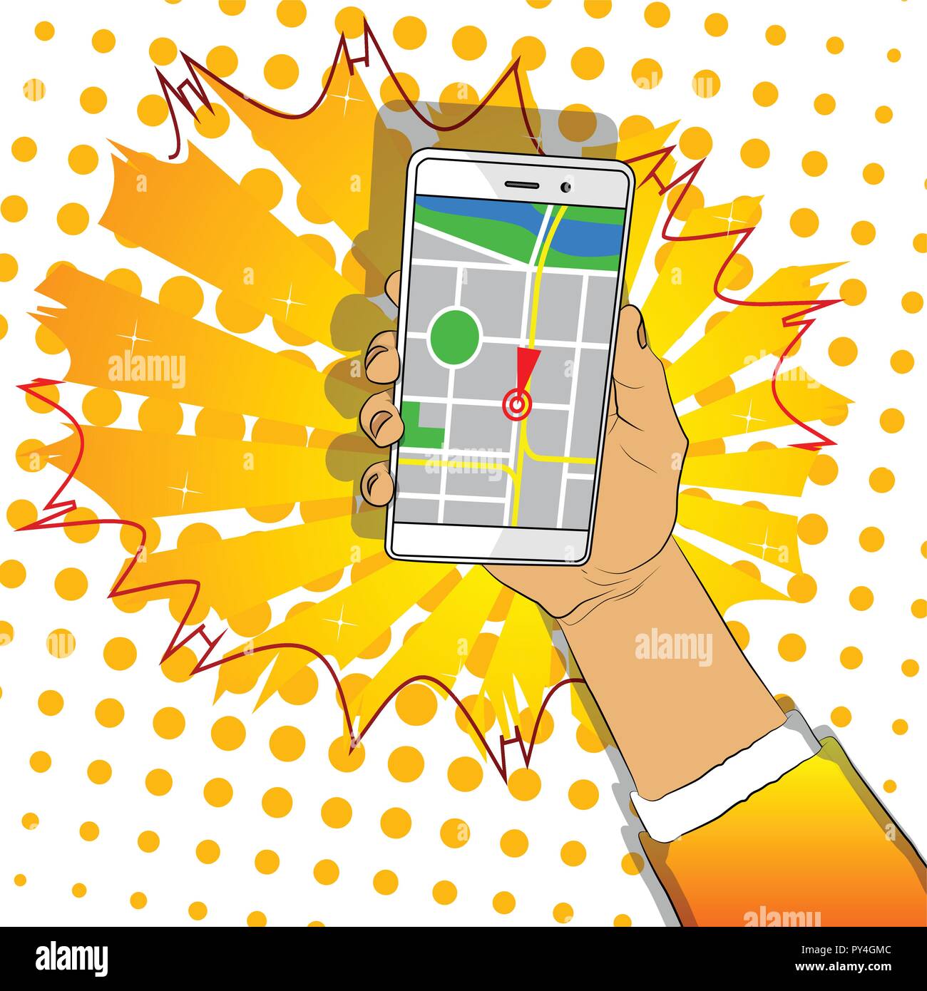 Hand holding white cellphone with map. Mobile gps navigation and ...