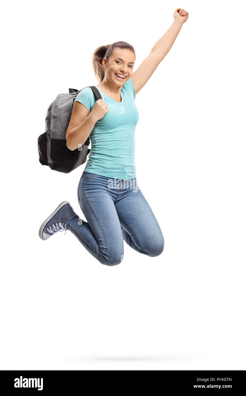 Happy female student jumping isolated on white background Stock Photo ...