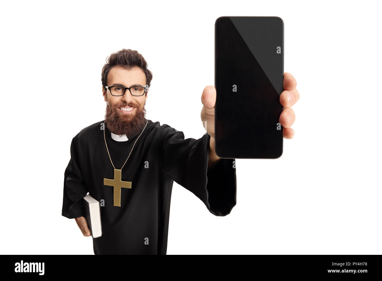 Young priest holding a mobile phone isolated on white background Stock ...