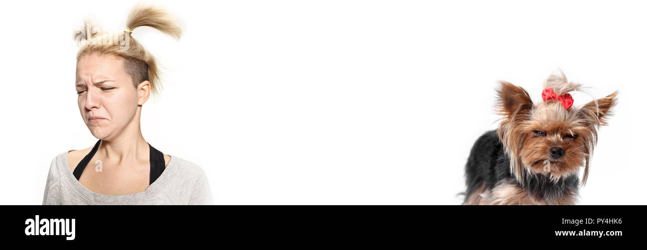 The funny sad crying woman and her dog looking regretfully over white ...