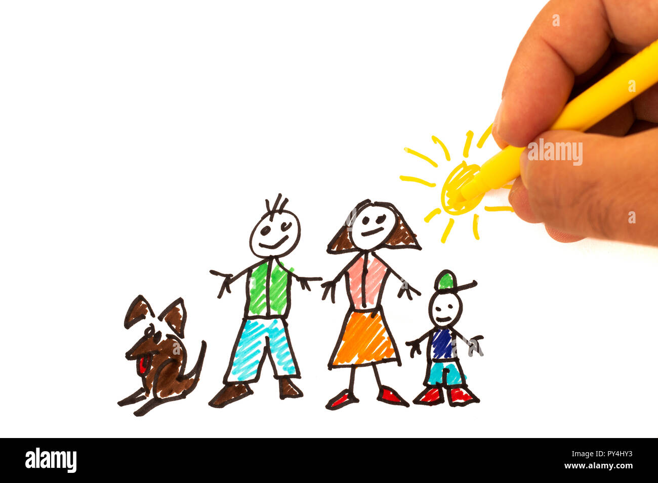 childs drawing of family over a white background Stock Photo - Alamy