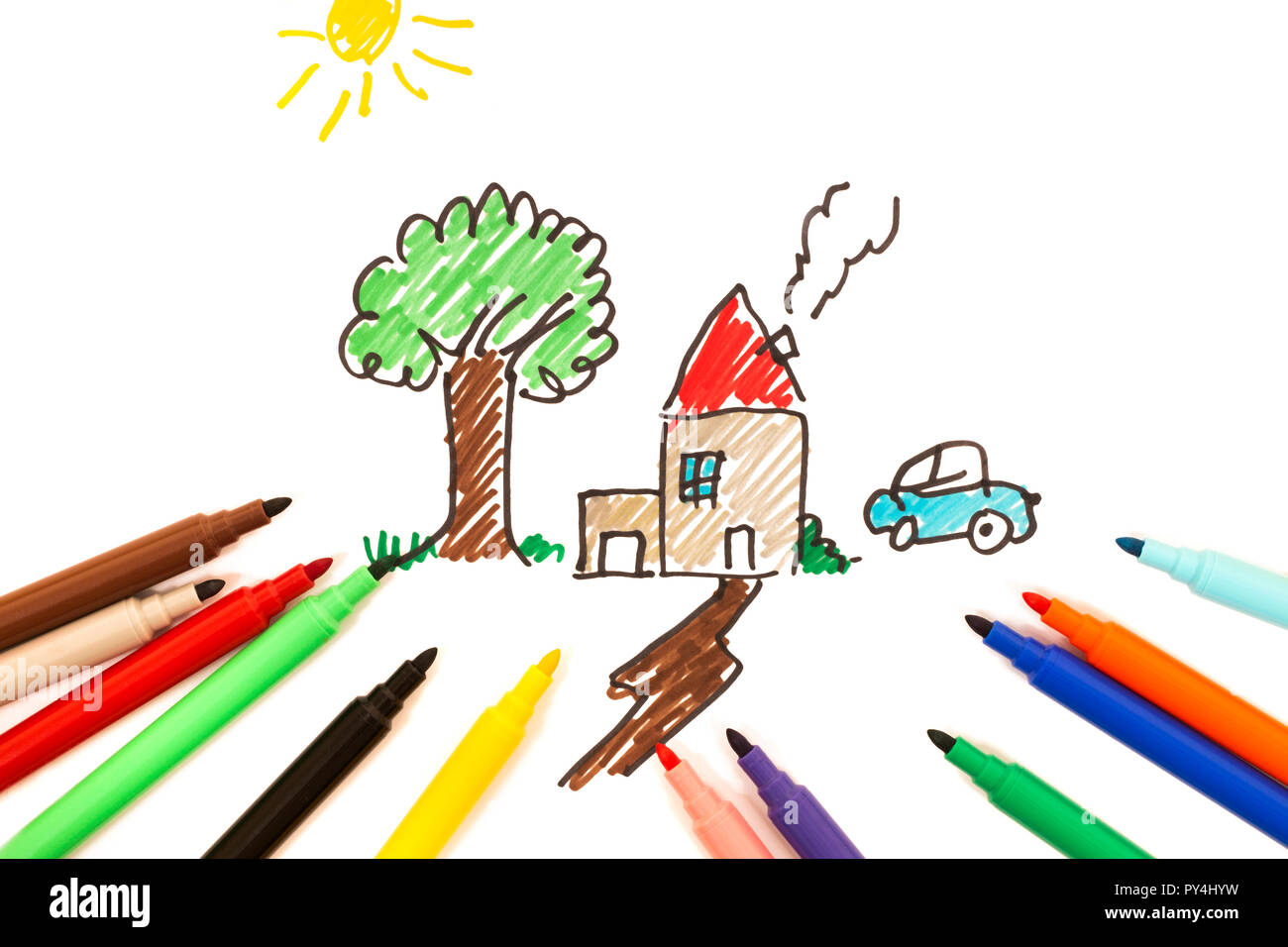 childs drawing of family over a white background Stock Photo - Alamy