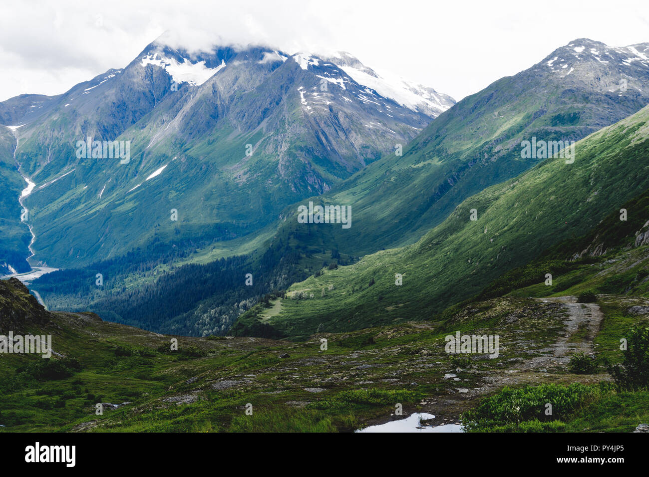 Lovely view of mountains and rolling hills, and glaciers along the ...