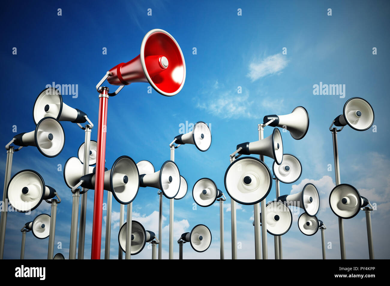 Red megaphone covering higher ground stands out among others. 3D ...