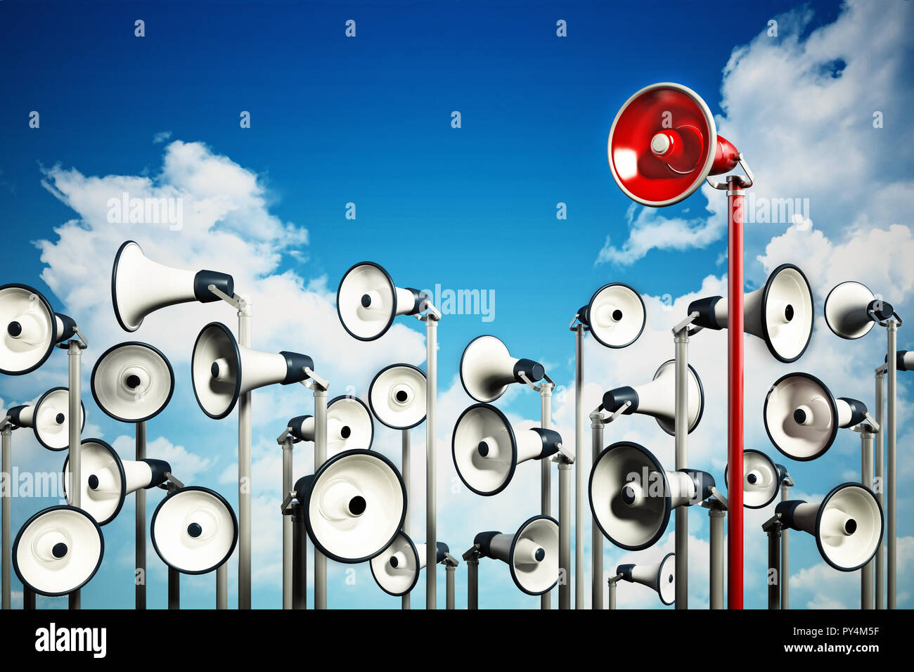 Red megaphone covering higher ground stands out among others. 3D ...