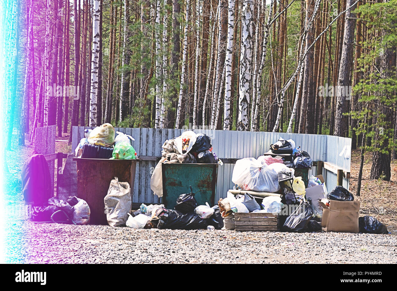 Litter box full of garbage in forest. Concept of ecology problem. Toned ...