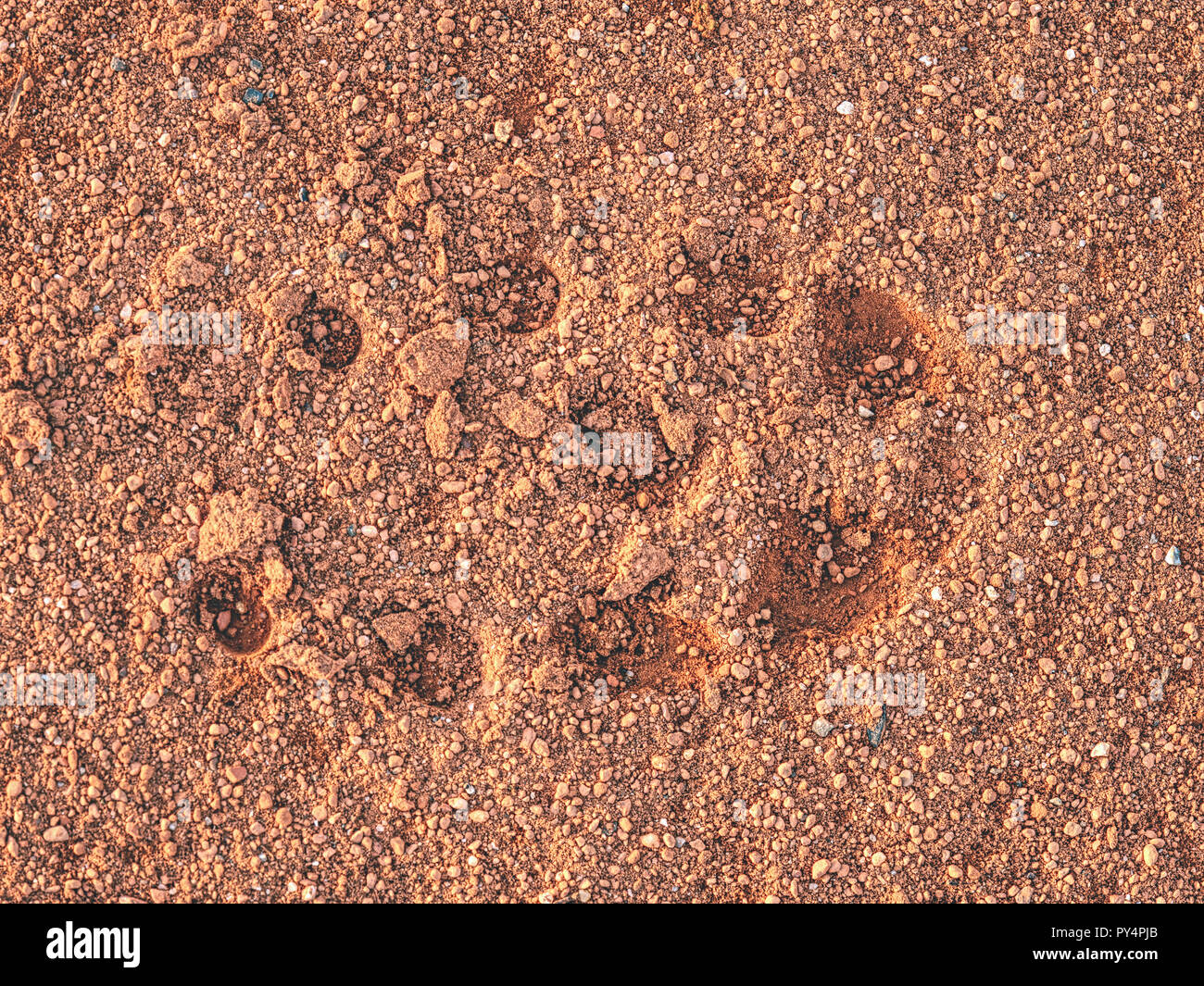 Footprint of soccer shoe in tennis court surface. Deep marks in detail ...