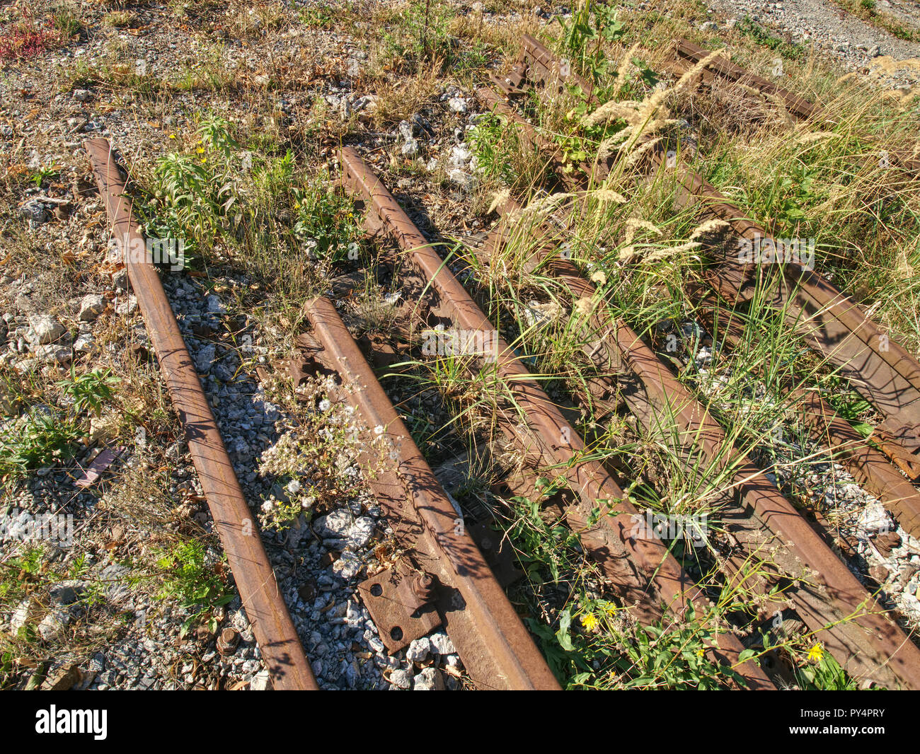 Old rusty rails in abandoned railway station. Rusty train railway ...