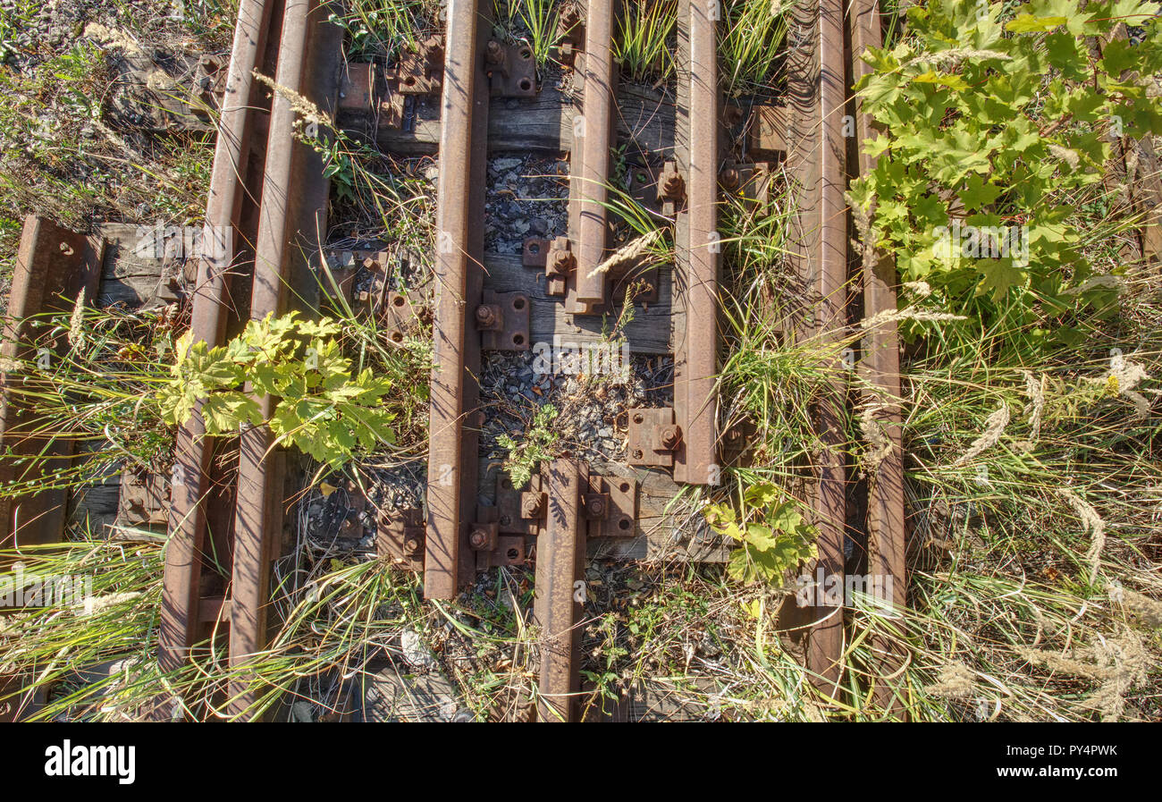 Old abandoned rail and bolt of a railway. Rusty train railway detail ...