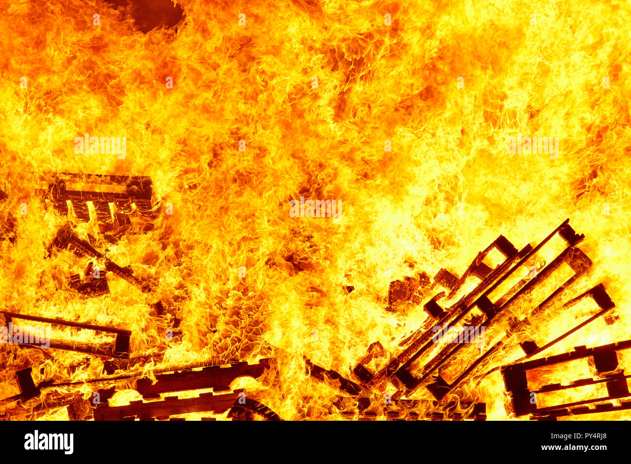 Burning fire. Bonfire. Fire fighting. Flame ignition. Warning. Danger ...