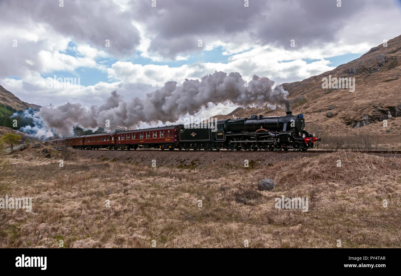 The Jacobite steam hauled train headed by Black Five 45231 en route to ...