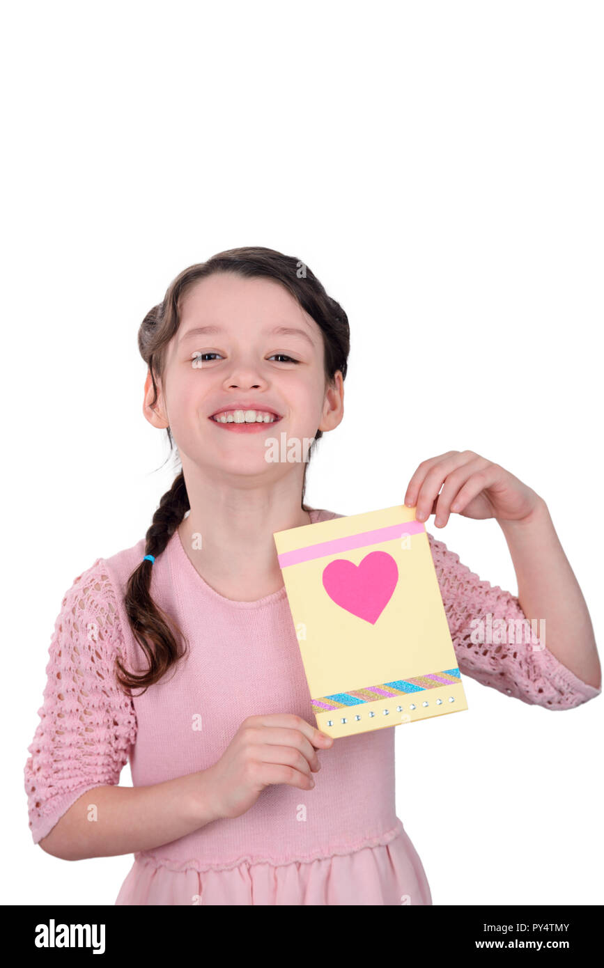 Young lady showing handmade card Stock Photo - Alamy