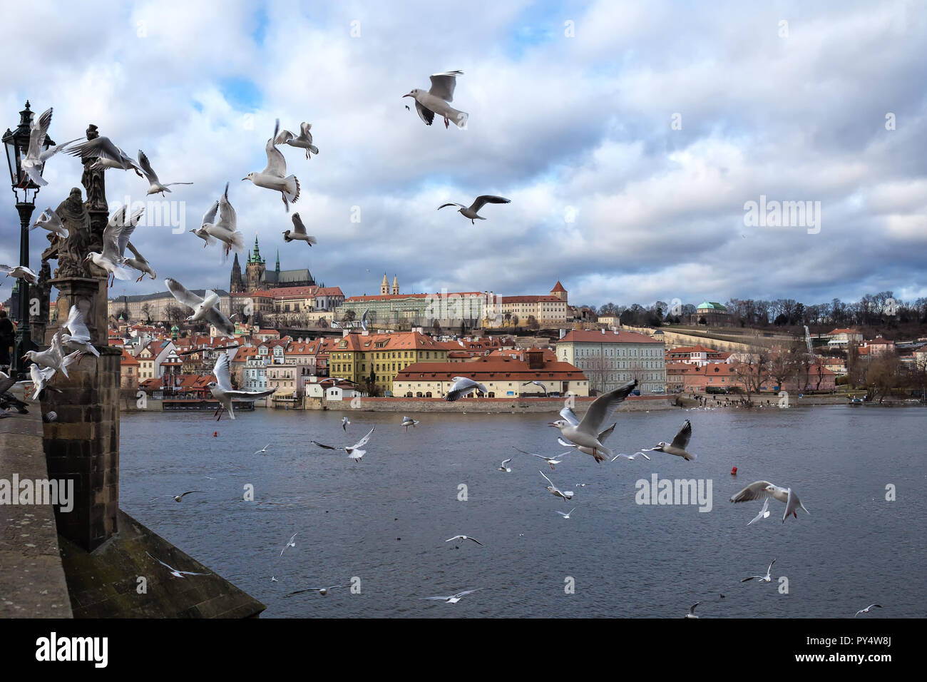 View from Charles bridge on the river Vltava and castle with the ...