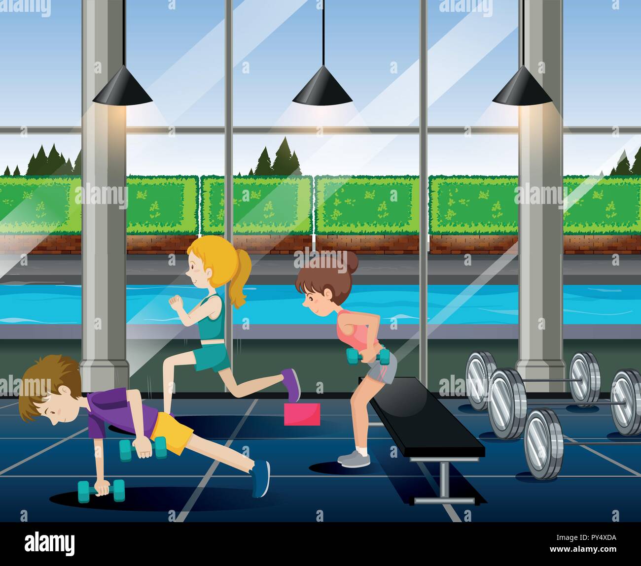 People exercise in the gym illustration Stock Vector Image & Art - Alamy