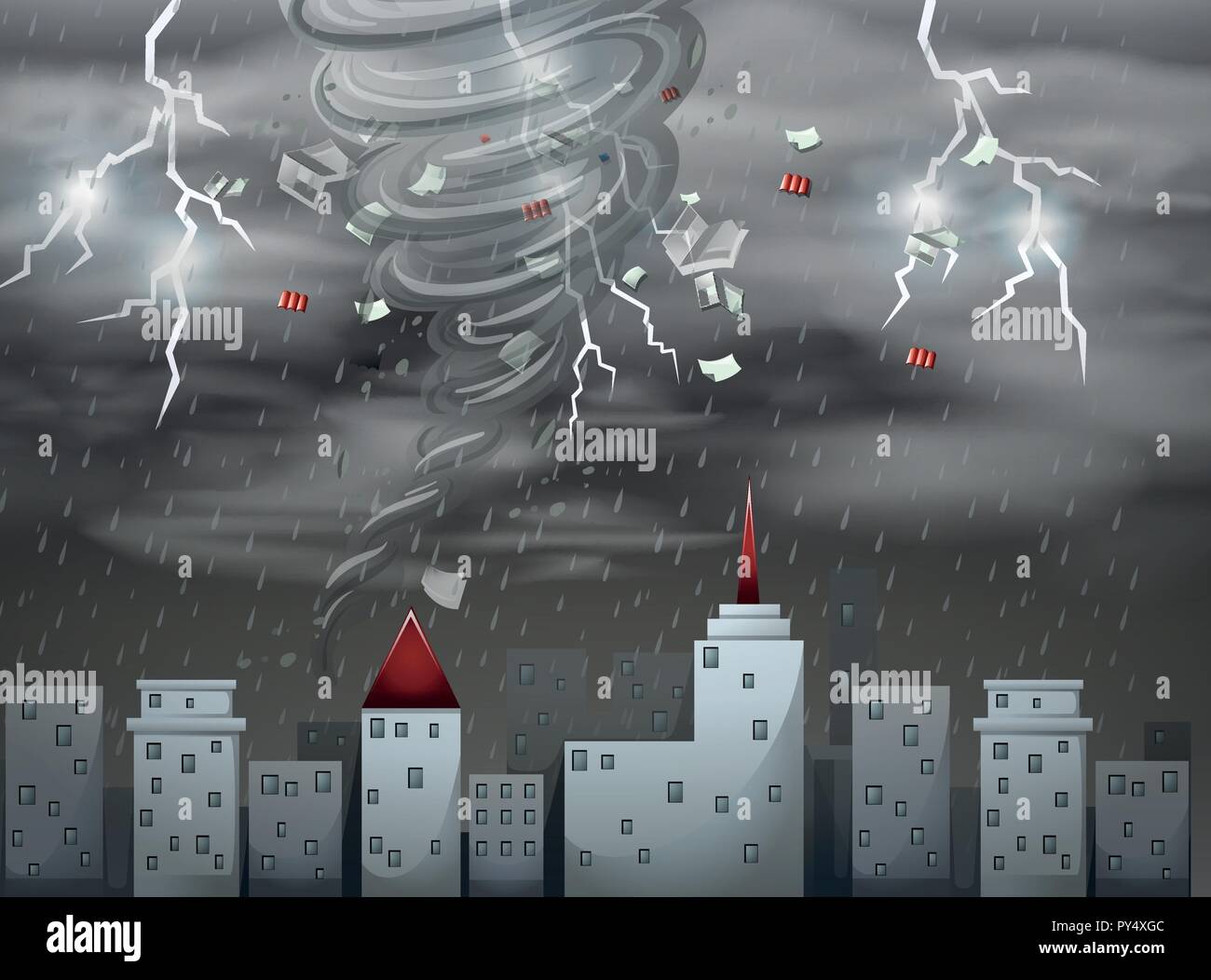 City scape tornado and storm scene illustration Stock Vector Image ...